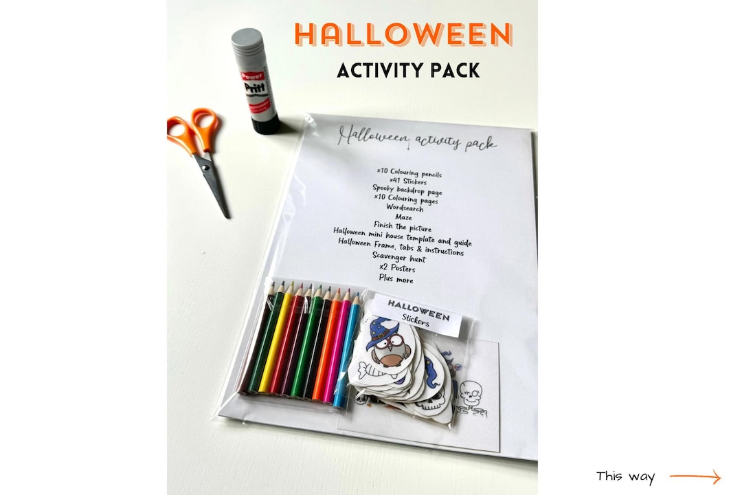 Halloween Activity Pack - Colouring Pages, Stickers, Pencils, Scavenger ...