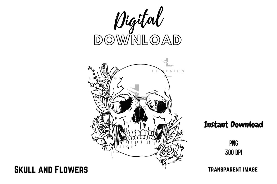 Digital Download - Skull and Flowers - PNG File - Transparent - Perfect ...