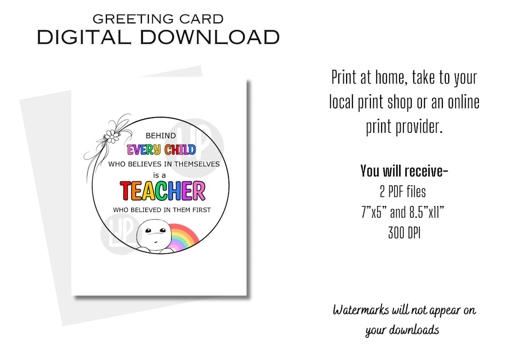 Greeting Card Digital Download - Teacher Card - PDF - Printable - Etsy
