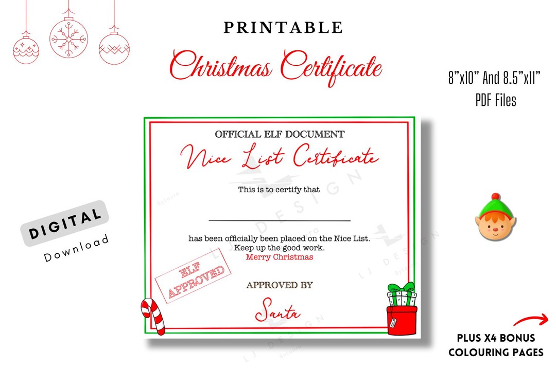 Christmas Certificate Nice List - PDF Instant Download | Plus 4 Bonus ...