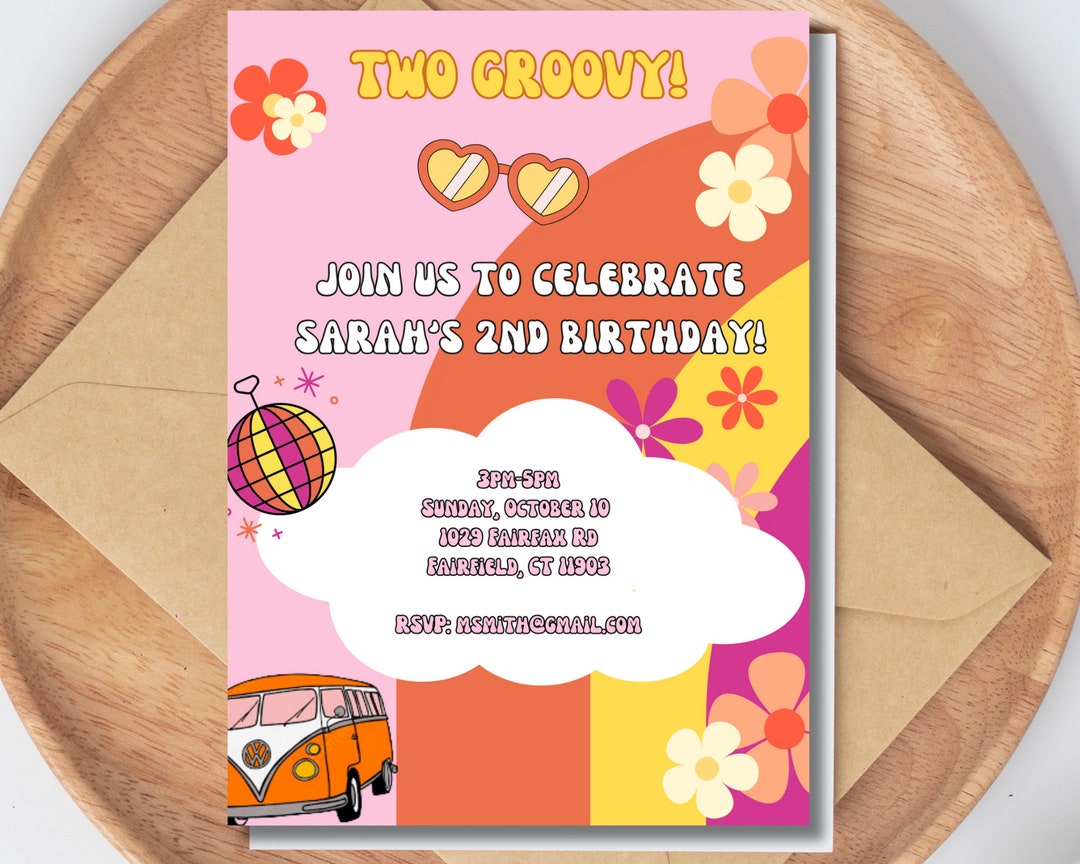 Two Groovy Invitation Template Retro 2nd Birthday Party Hippie 70s 60s ...