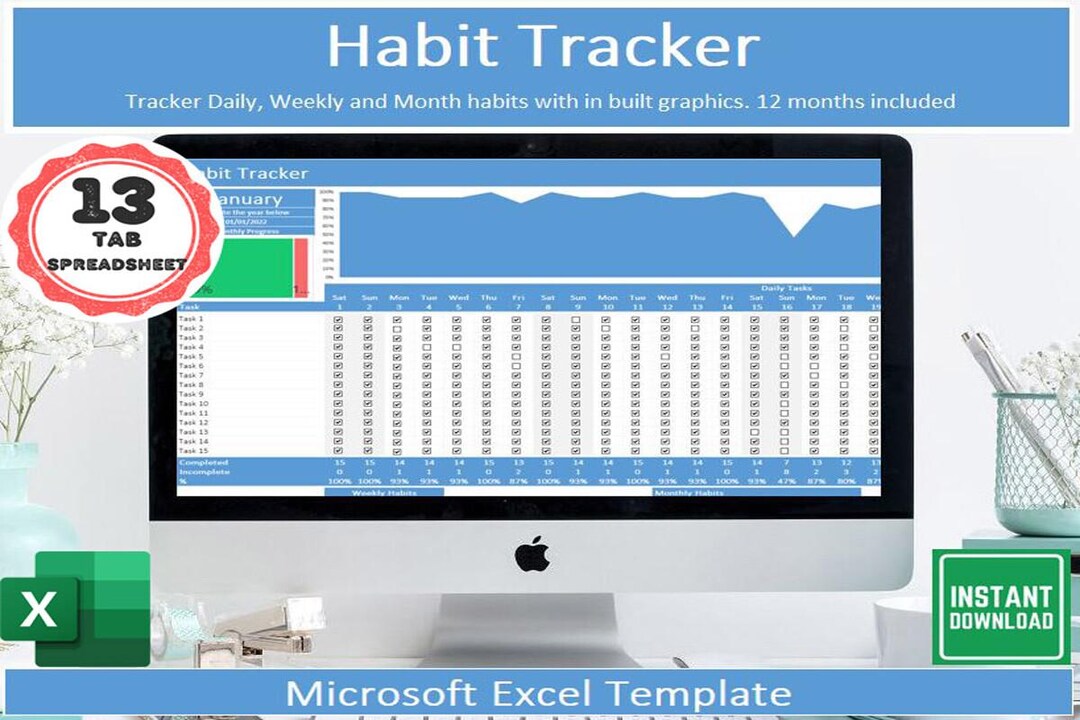 Habit Tracker Excel Template | Daily Weekly Monthly Planner ...