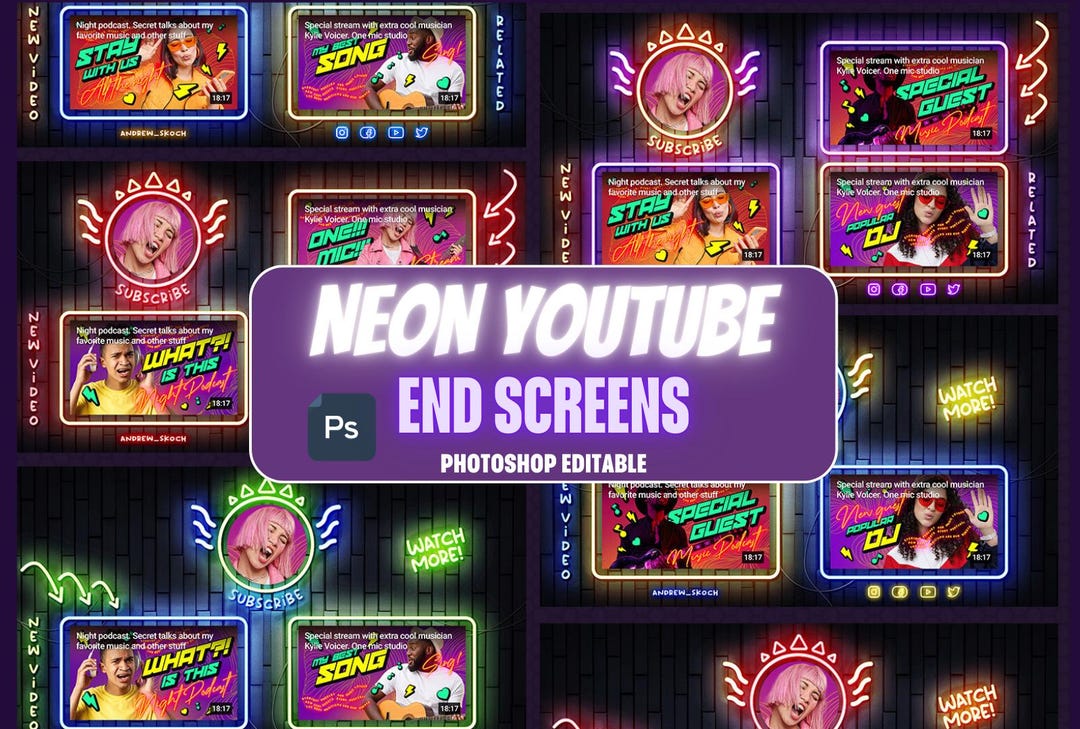 8 Neon Youtube End Screens – Editable PSD Templates (4K),4K End Screen ...