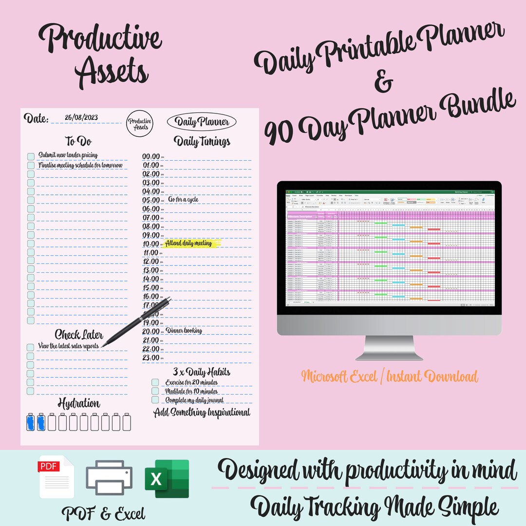 90 Day Planner excel & Daily Printable Planner PDF Bundle - Etsy