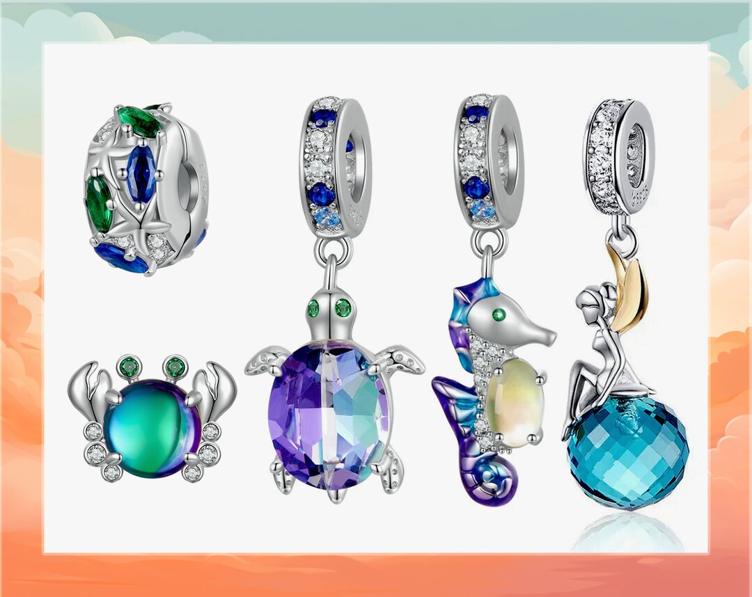 925 Sterling Silver Dreamy Ocean Charms, Ocean Beads, Turtle, Seahorse ...