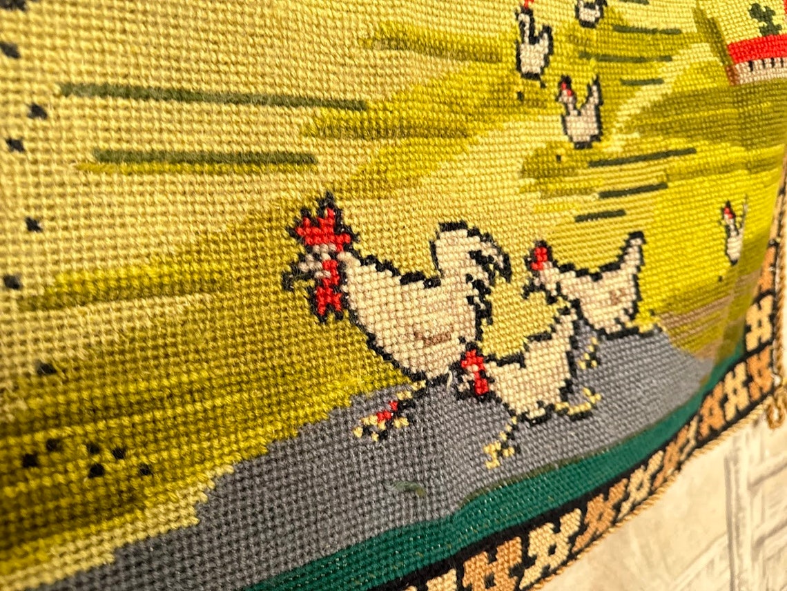Cros-stitch Tapestry of a Maid & Her Chickens 22"x38" - Etsy