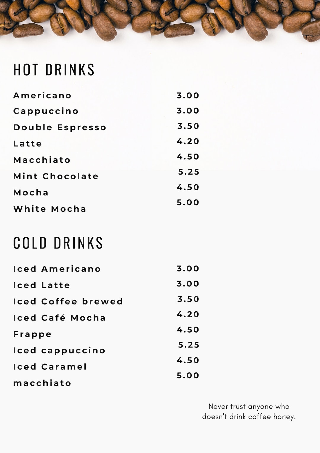 Coffee Menu Hot and Cold Drinks Coffee Shop Menu Menu - Etsy