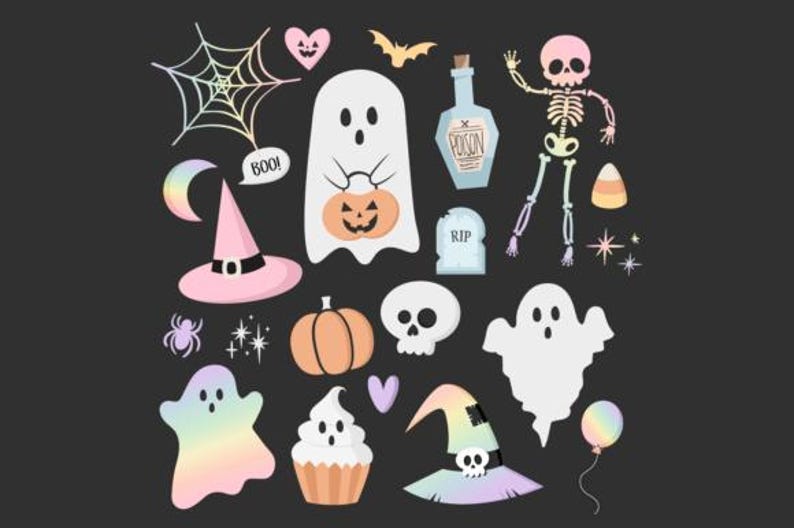 Cute Halloween Clipart, Cute Pastel Halloween Clipart, Pink Clip Art ...