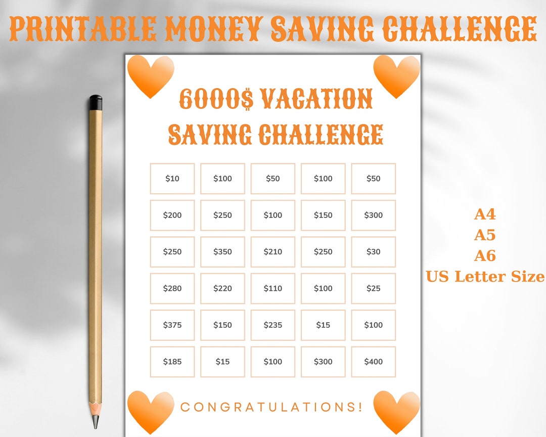 6k Vacation Money Saving Challenge Printable, A4,A5,A6 Size Savings ...