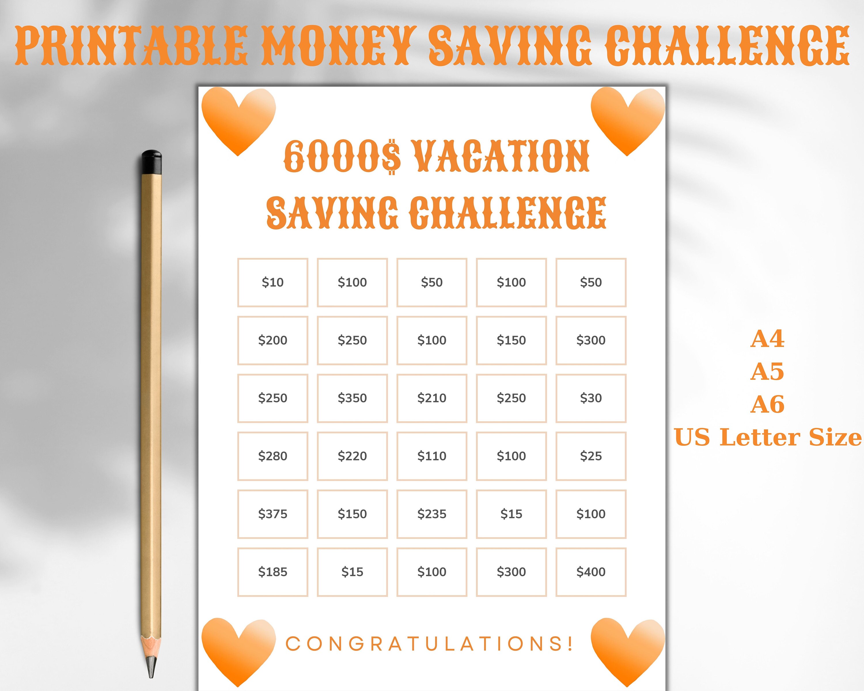 6k Vacation Money Saving Challenge Printable, A4,A5,A6 Size Savings ...