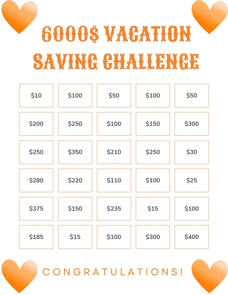 6k Vacation Money Saving Challenge Printable, A4,A5,A6 Size Savings ...