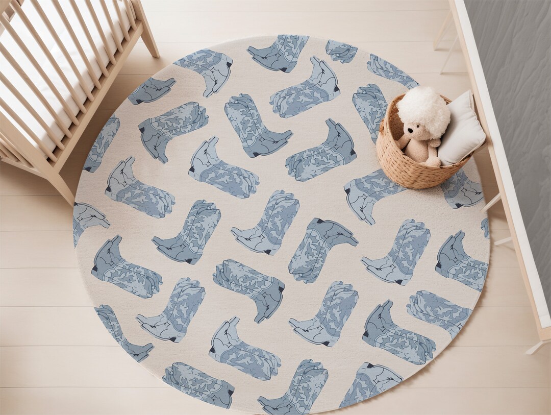 Blue Cowboy Boot Rug Boy Round Light Blue Rug Nursery Decor Boho ...