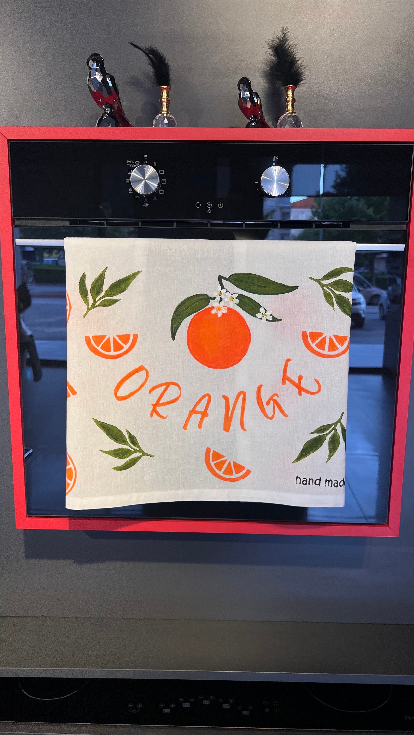 Hand Printed Orange Tea Towel. Winter Botanic Toss. Flour Sack Cotton ...