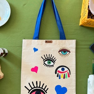 Tote Bag, Cloth Bag Print Bag, Evil Eye Boho Bag, Hand Printed Bag ...