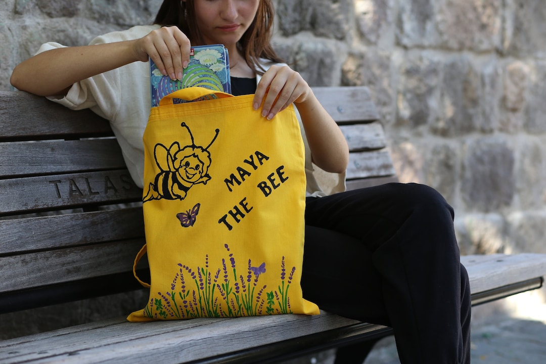 Hand Blocked Printed Think Happy Bee Happy Tote Bag Personalized Bee ...