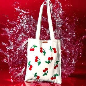 Cherry Reversible Tote Bag Cotton Canvas Reusable Fruit Cherry Tree ...