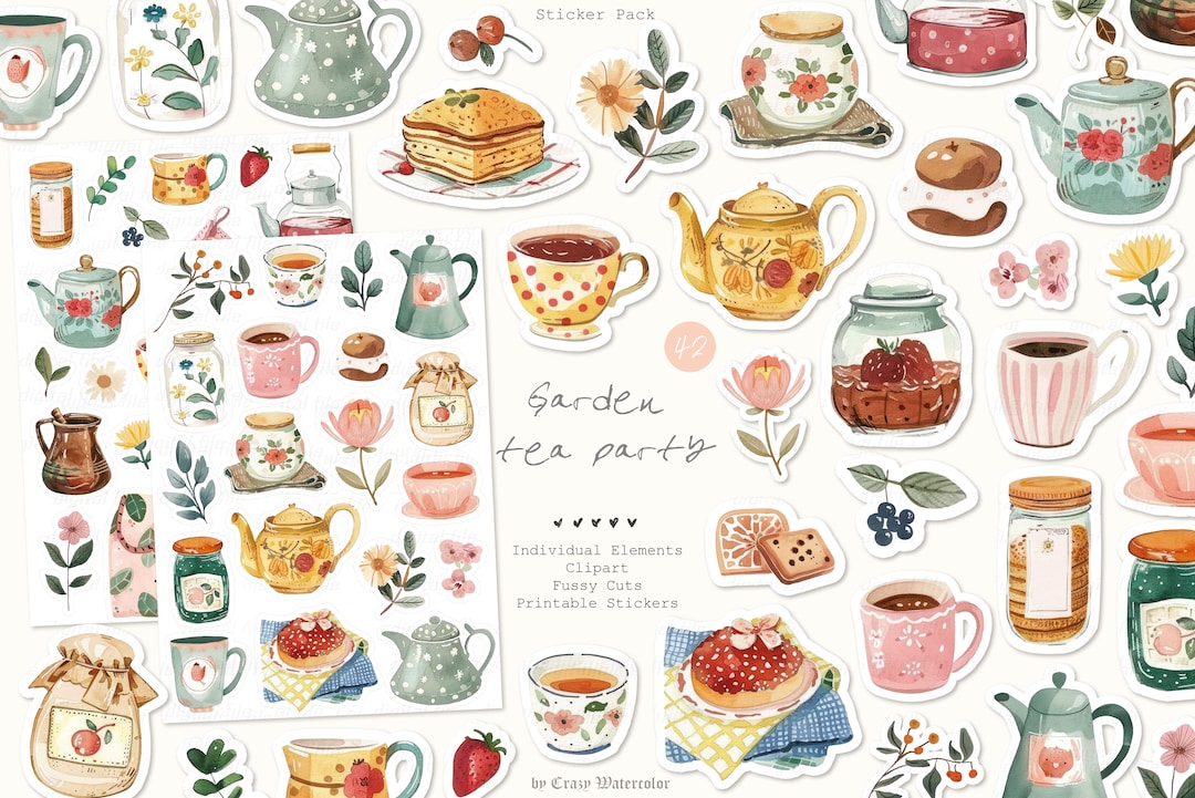 Garden Tea Party Watercolor Sticker Pack : Cute Dishes, Flowers, Sweets ...