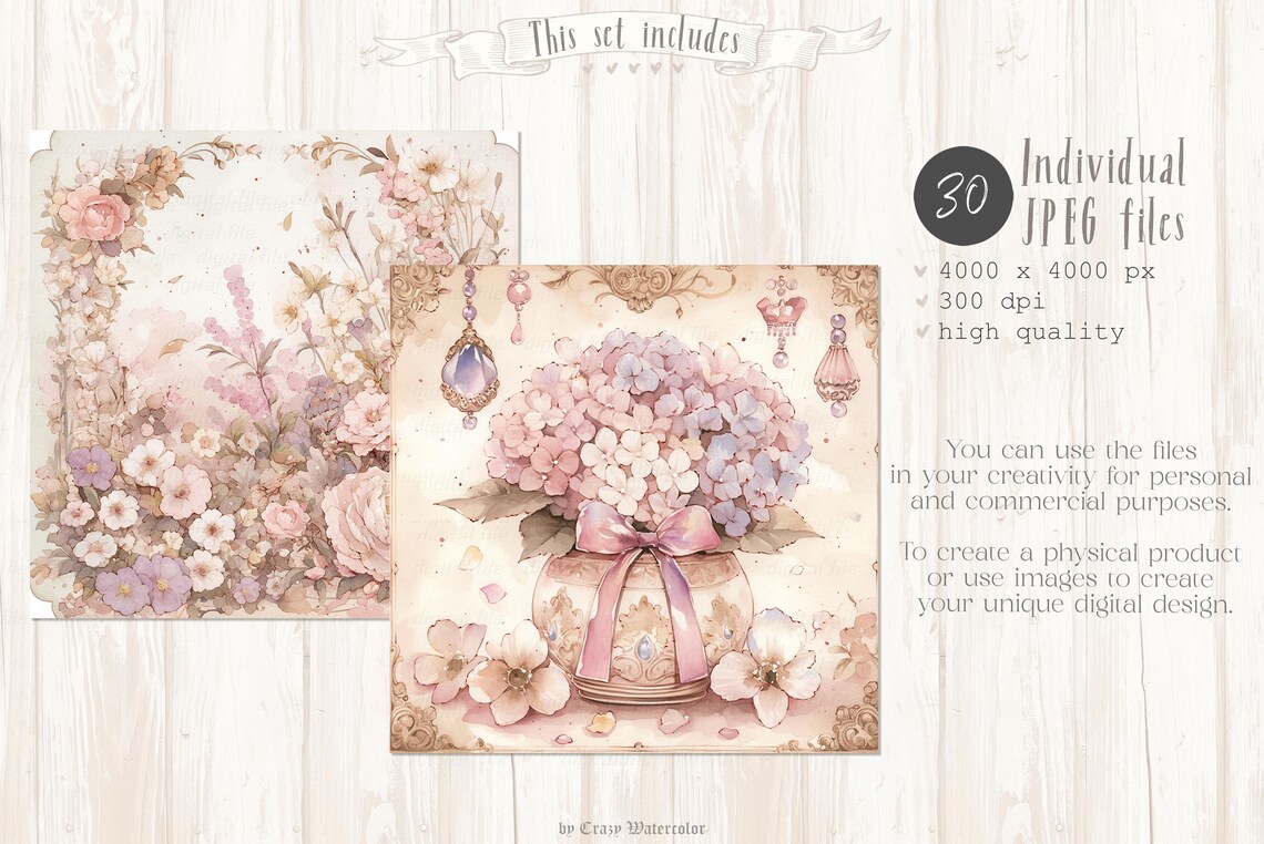Shabby Chic Bouquet 30 Images : Watercolor Floral Clipart, Vintage ...