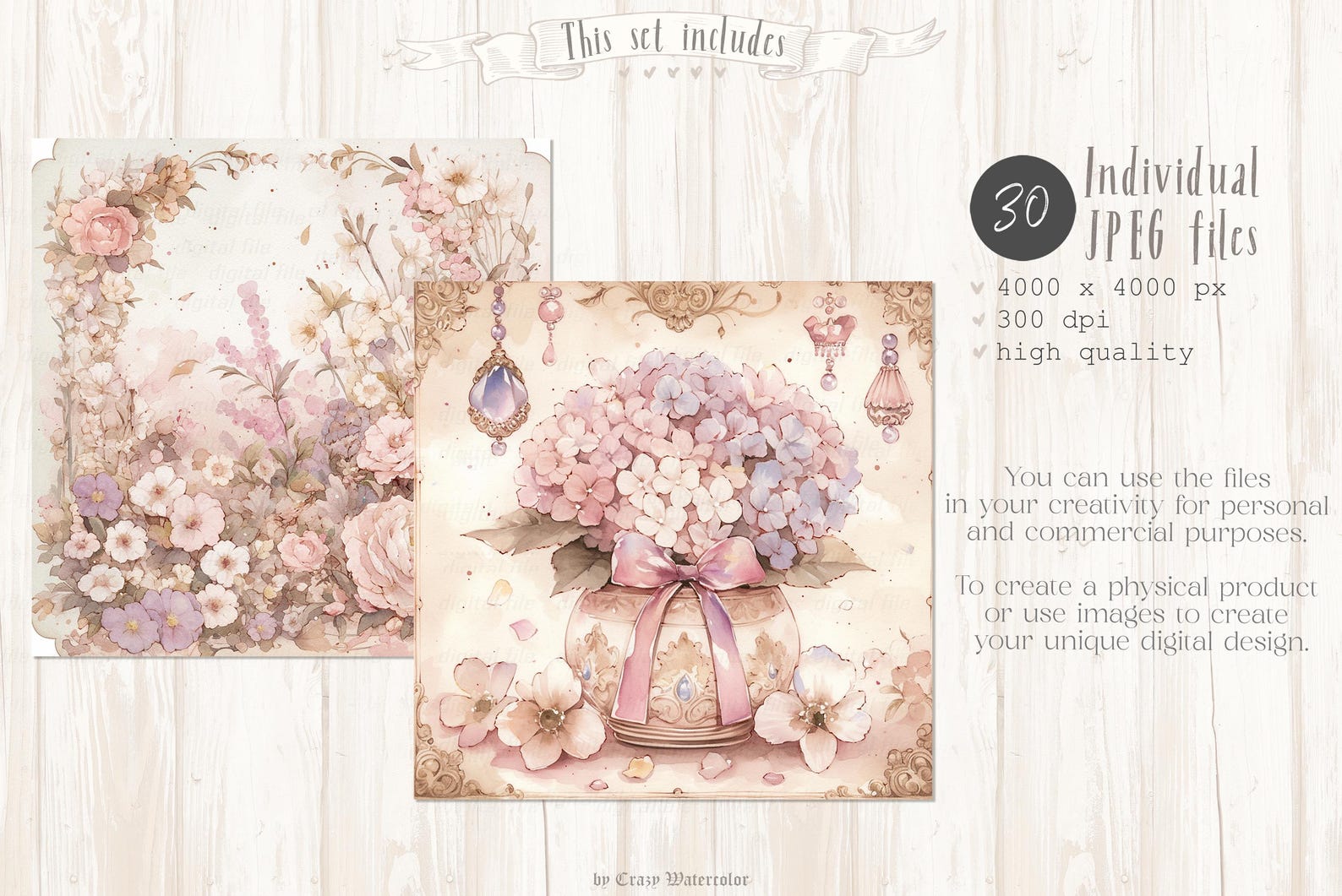 Shabby Chic Bouquet 30 Images : Watercolor Floral Clipart, Vintage ...