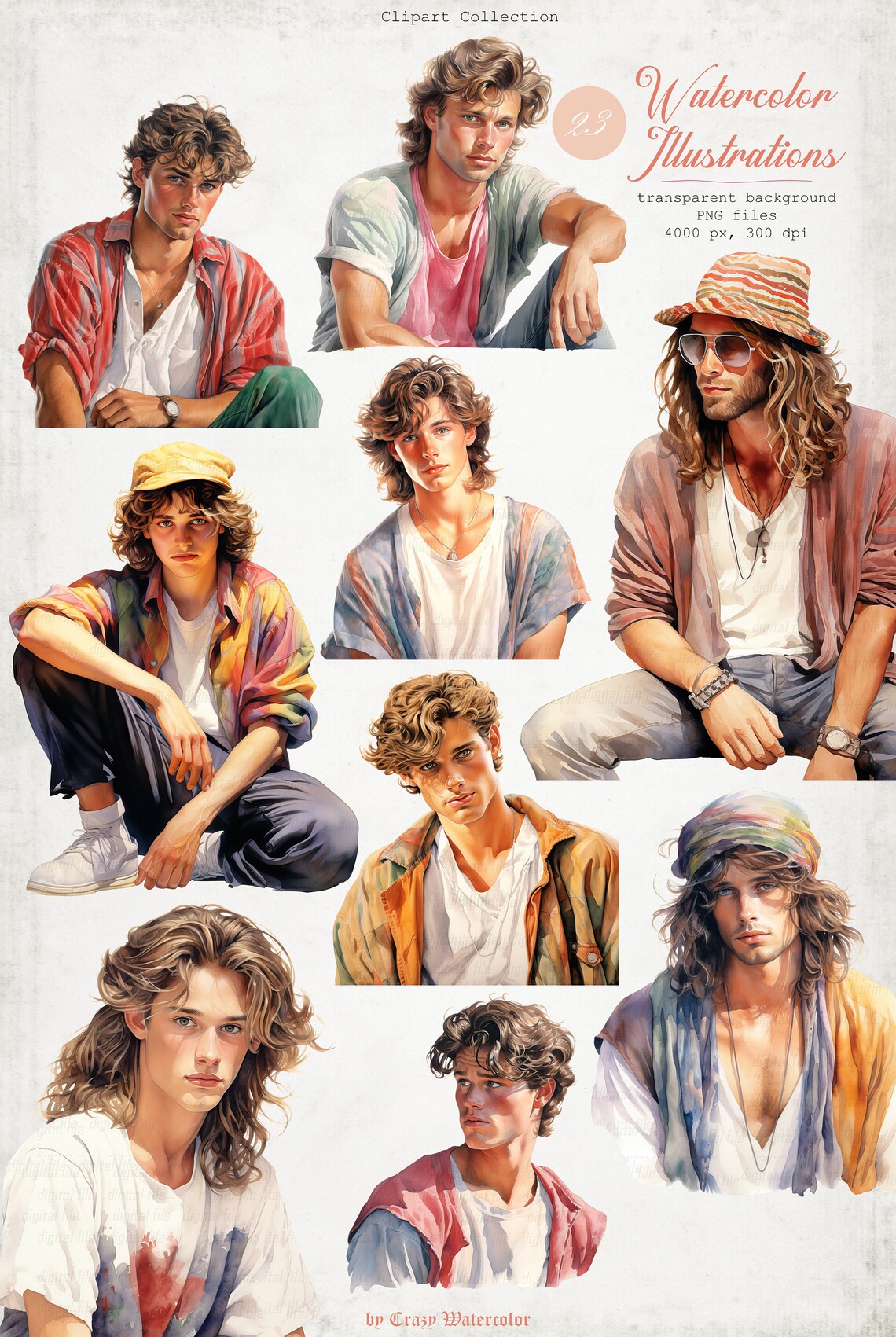 Men From 1980s Clipart Collection - Watercolor Illustrations ...