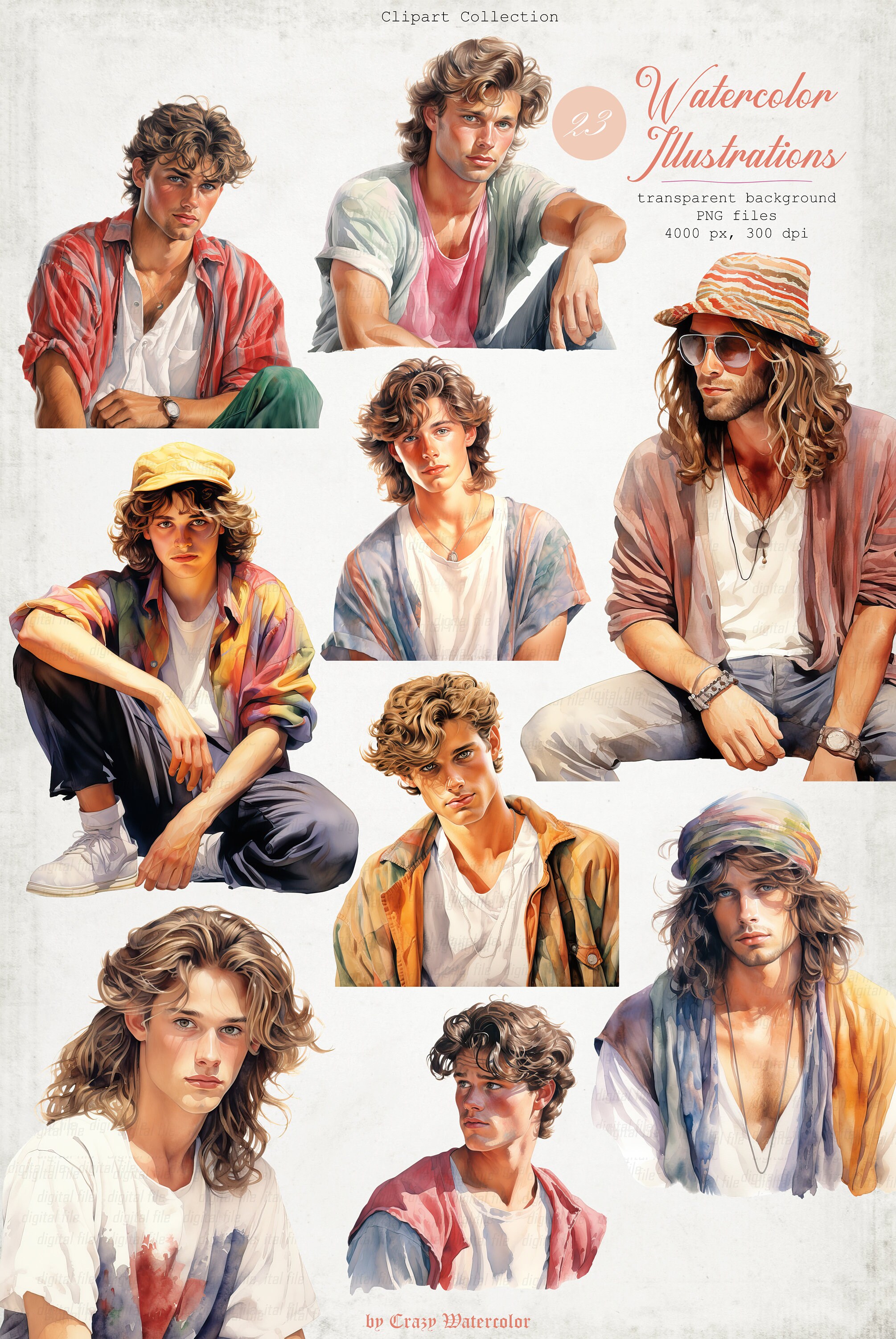 Men From 1980s Clipart Collection - Watercolor Illustrations ...