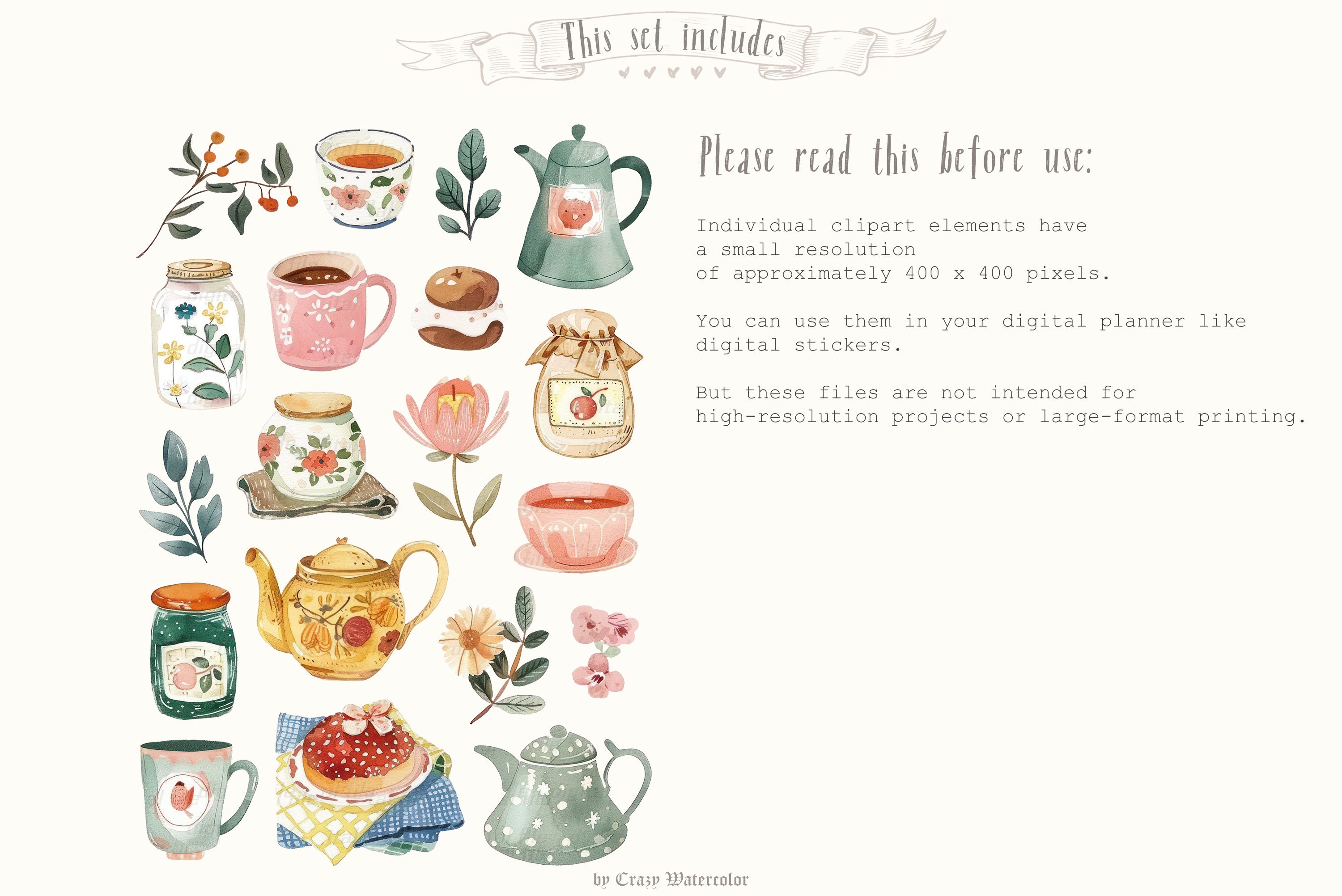 Garden Tea Party Watercolor Sticker Pack : Cute Dishes, Flowers, Sweets ...