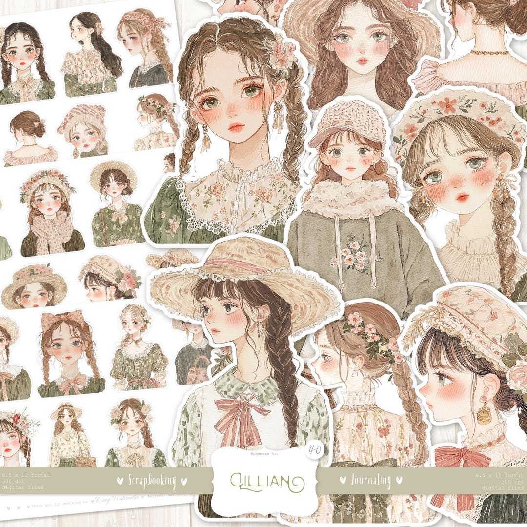 Lillian 40 Fussy Cuts: Watercolor Vintage Stickers, Anime Style ...