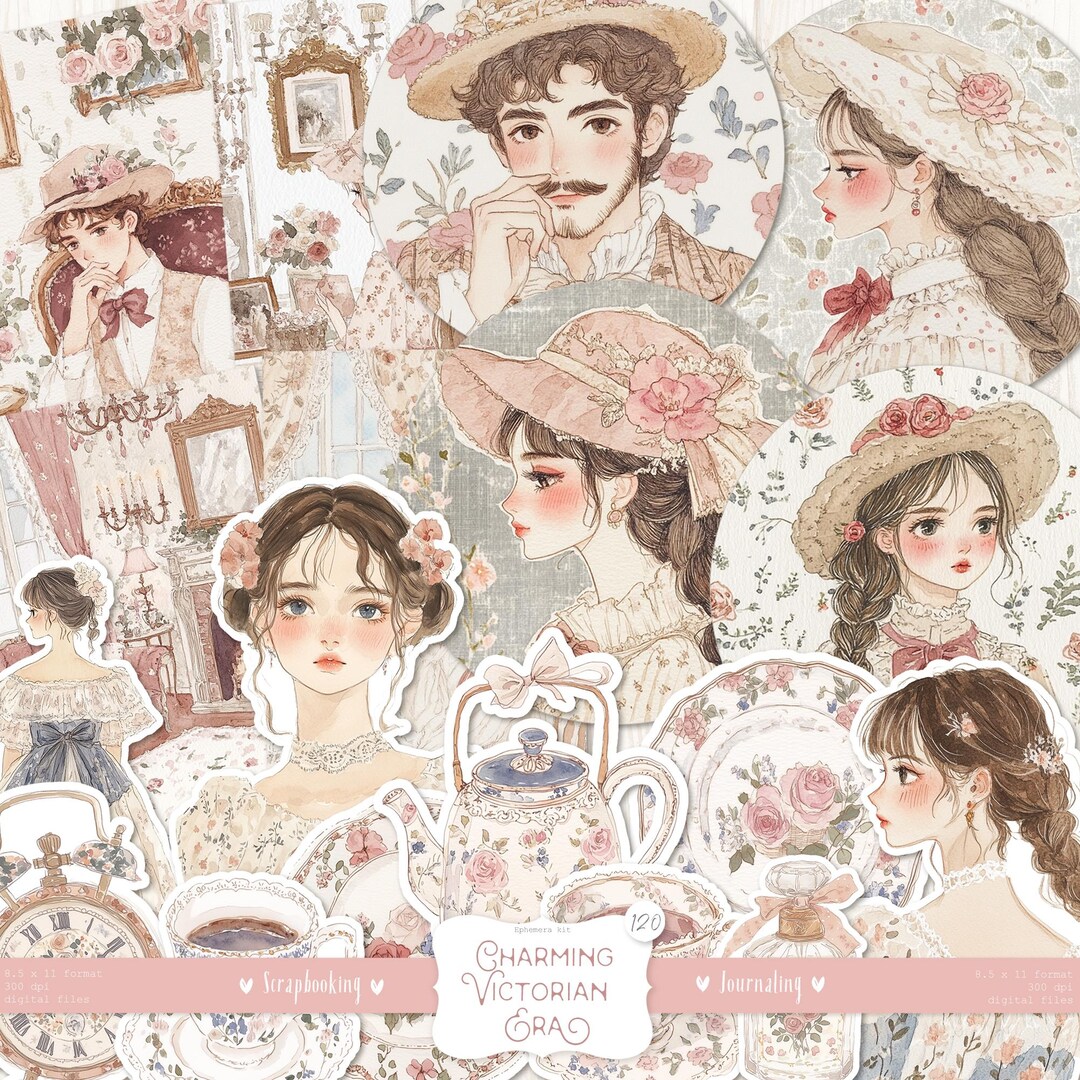 Victorian Ephemera Kit: Watercolor Stickers for Scrapbooking (digital ...