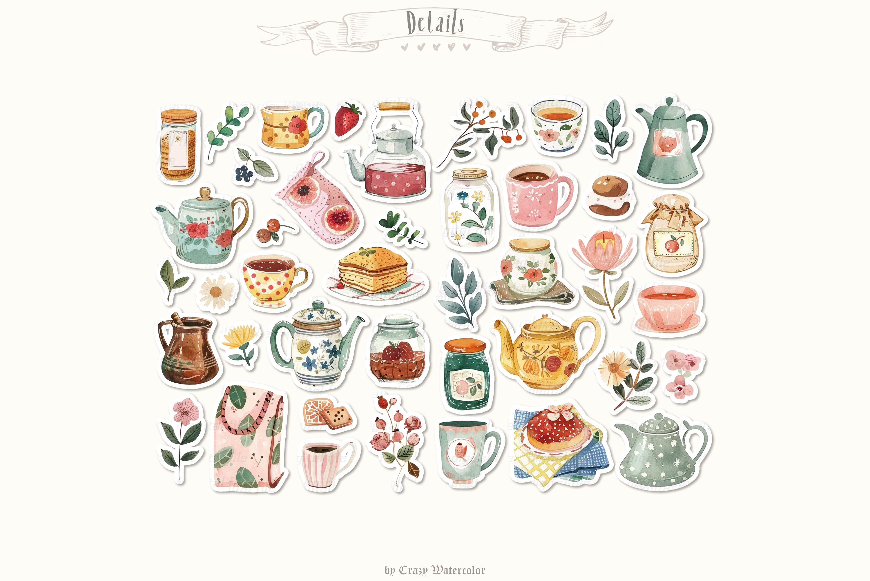 Garden Tea Party Watercolor Sticker Pack : Cute Dishes, Flowers, Sweets ...