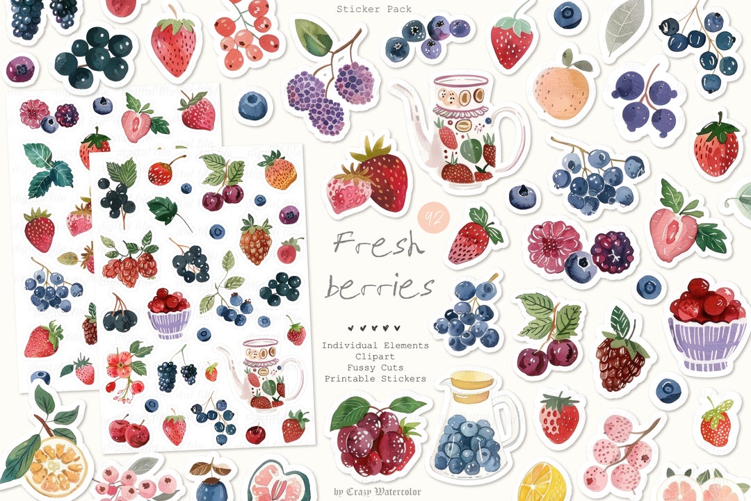 Fresh Berries Watercolor Sticker Pack: Cute Strawberries, Raspberries ...