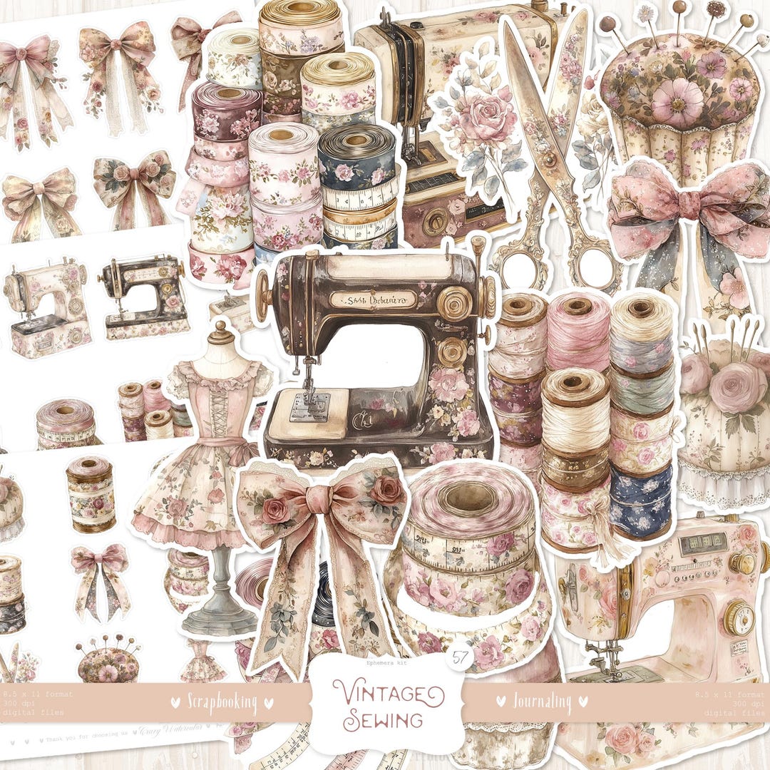 Vintage Sewing 57 Fussy Cuts: DIGITAL Shabby Chic Stickers, Printable ...