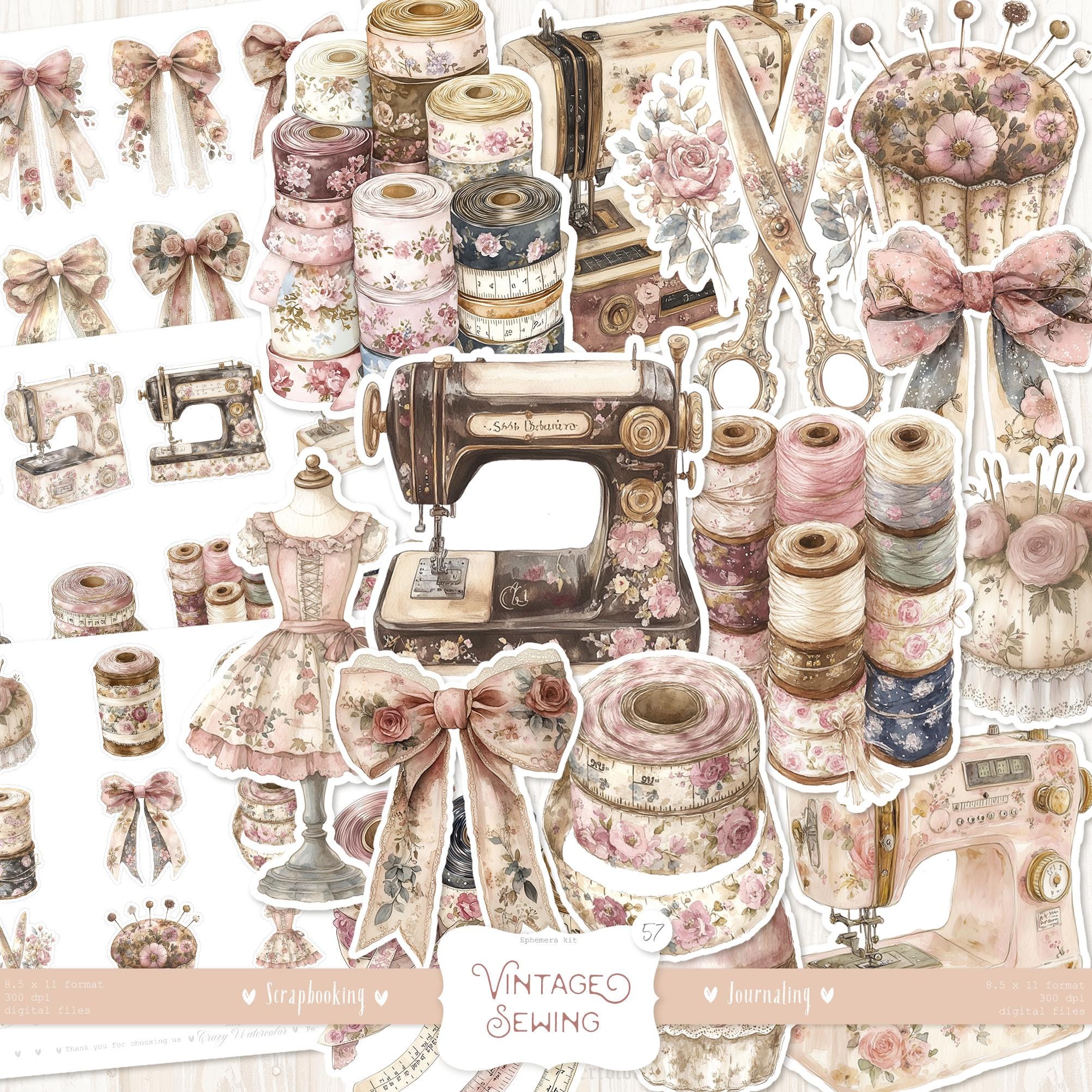 Vintage Sewing 57 Fussy Cuts: DIGITAL Shabby Chic Stickers, Printable ...