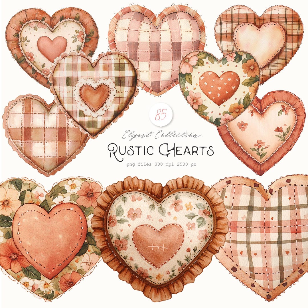Rustic Heart 85 Clipart: Digital Romantic Watercolor Set, Valentine’s ...