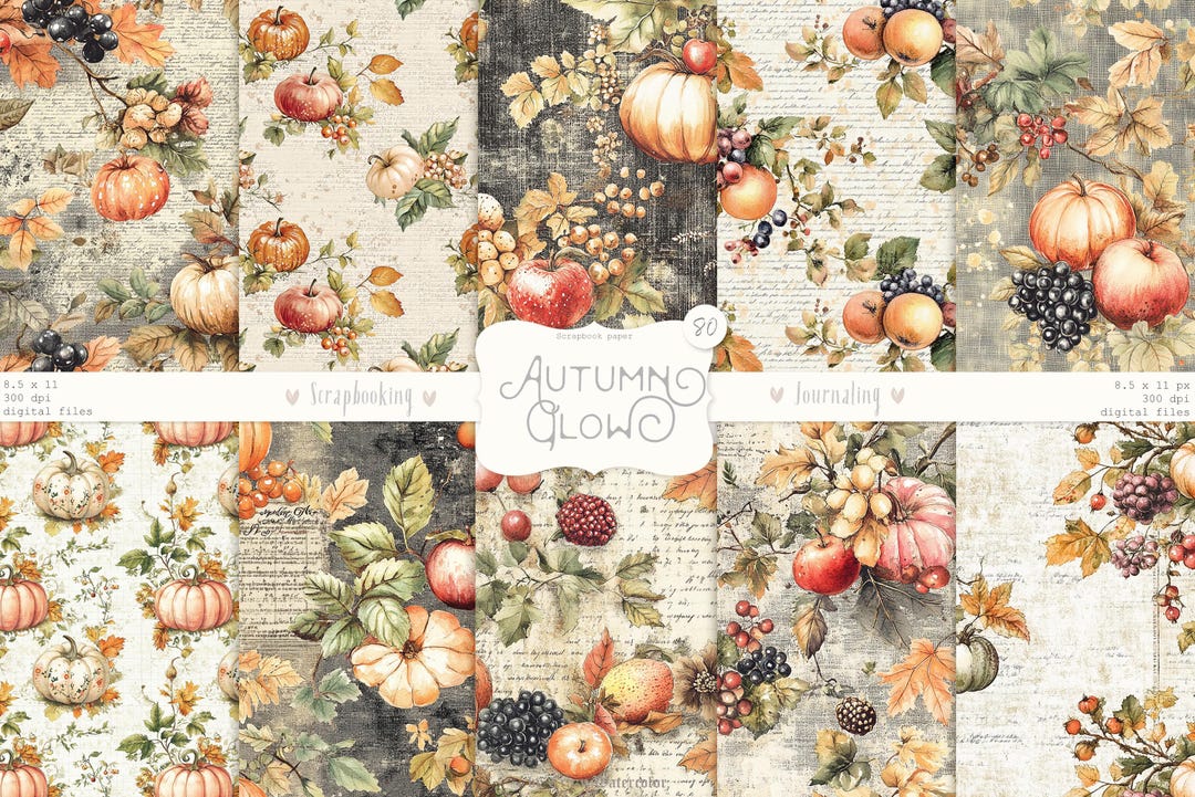 Autumn Glow Pattern / Paper Set: Vintage Fall Botanical Collage ...