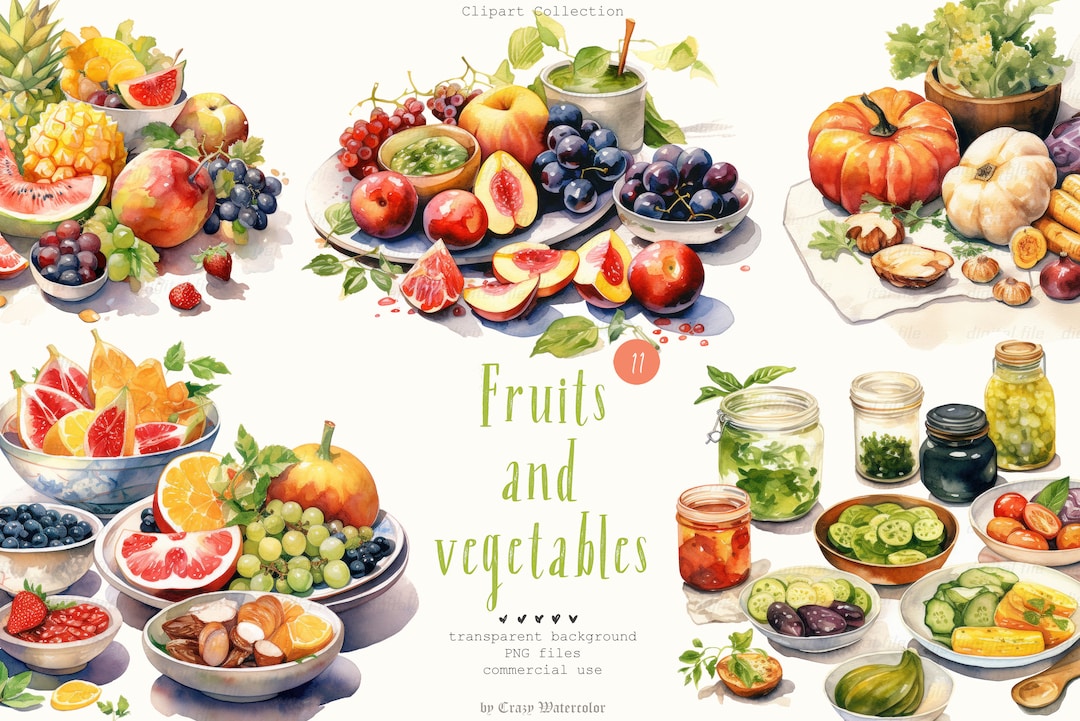 Fruits and Vegetables Watercolor Clipart Set : Vegetarian Food, Summer ...