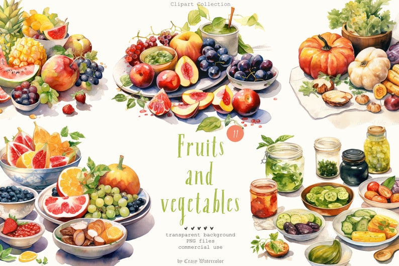 Fruits and Vegetables Watercolor Clipart Set : Vegetarian Food, Summer ...
