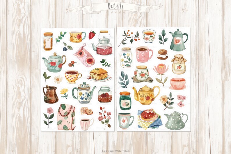 Garden Tea Party Watercolor Sticker Pack : Cute Dishes, Flowers, Sweets ...