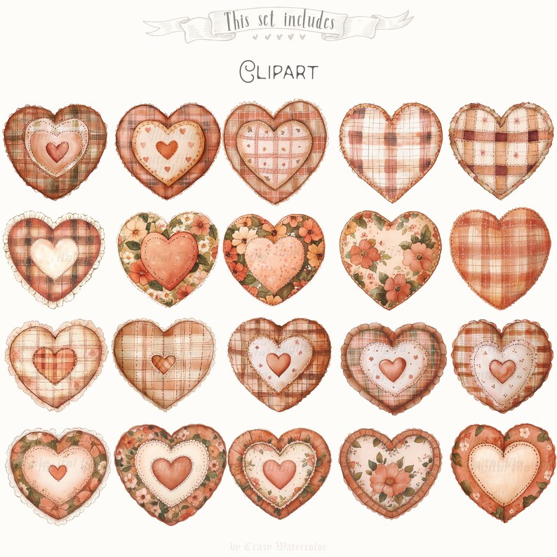 Rustic Heart Clipart Set: Watercolor Valentine's Day Graphics (digital ...