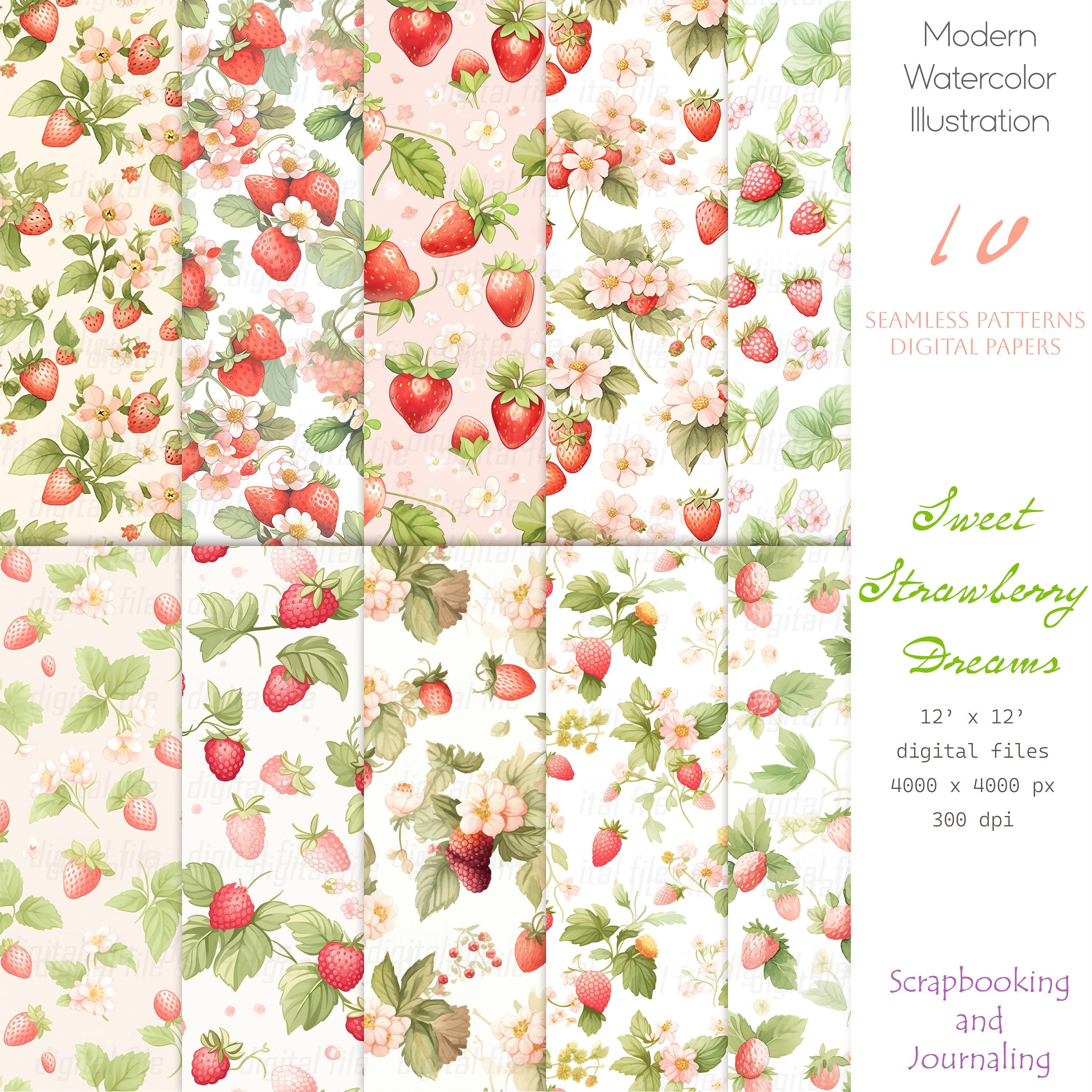 Strawberry Seamless Patterns: Kawaii Fruits, Pastel Scrapbook Paper ...