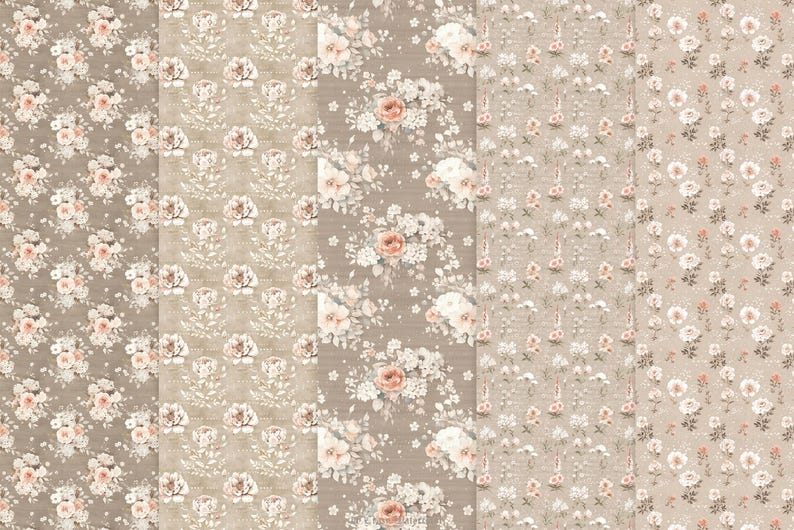 Vintage Floral Scrapbook Paper: Beige Gray Wildflower Dream (digital ...
