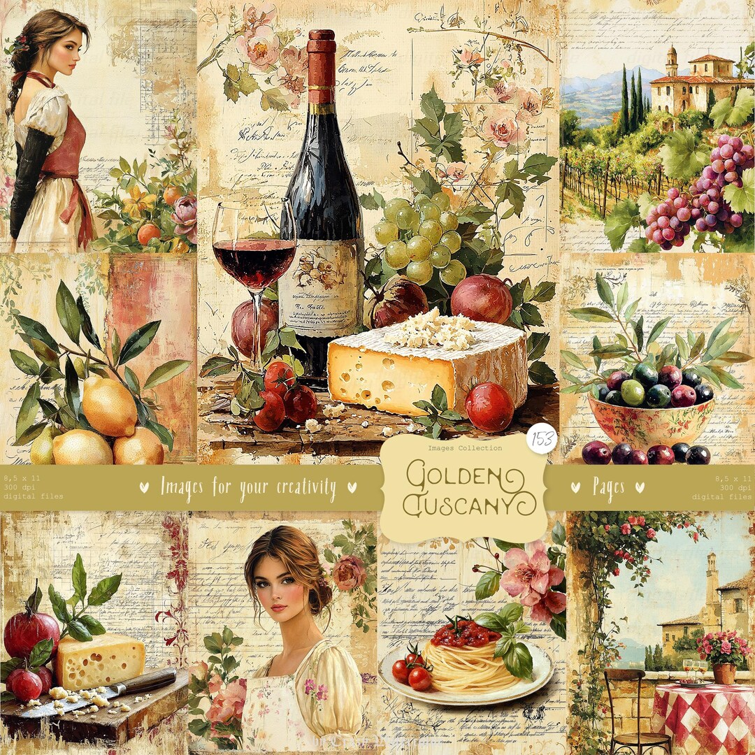 Tuscany Junk Journal Pages: Italian Ephemera, Wine & Cheese Clipart ...