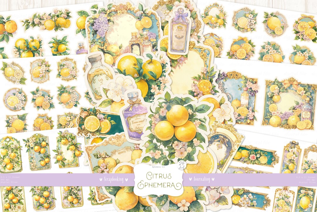 Citrus Ephemera Kit: Vintage Lemon Orange Scrapbook Stickers (digital ...