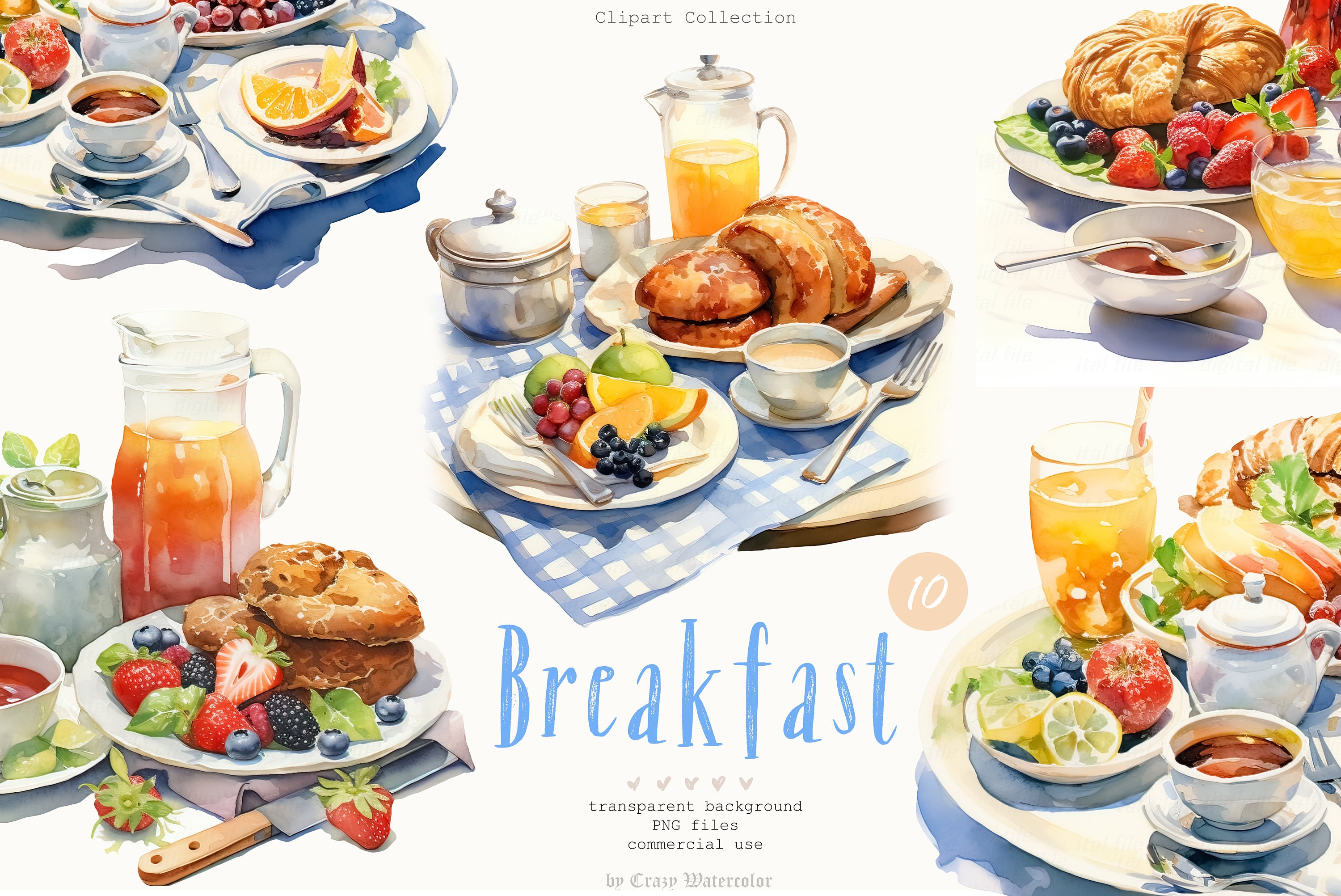 Breakfast Watercolor Clipart Set PNG : Tasty Healthy Food, Brunch, Cafe ...
