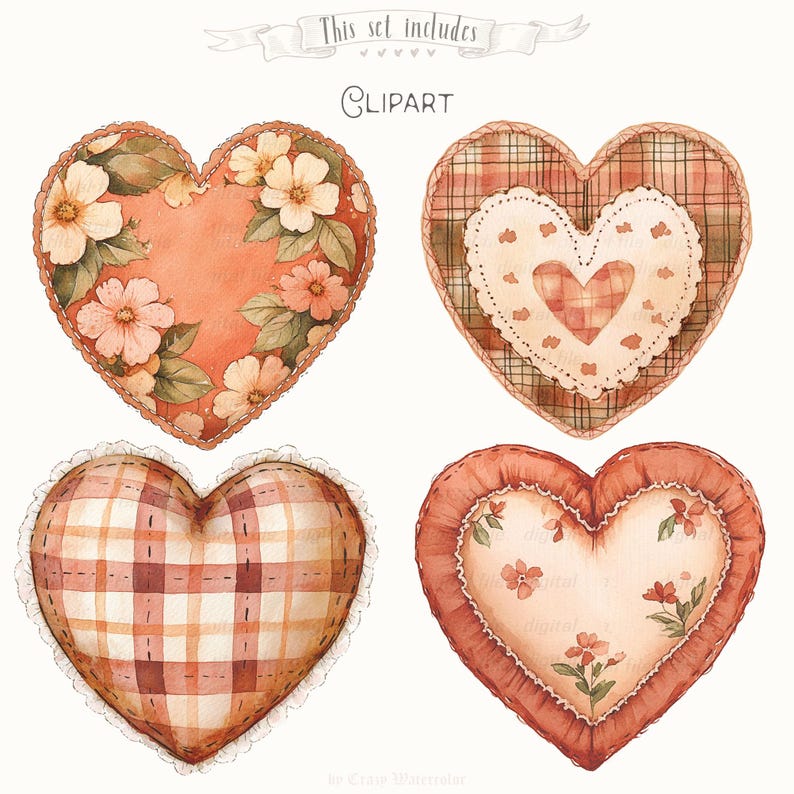 Rustic Heart 85 Clipart: Digital Romantic Watercolor Set, Valentine’s ...