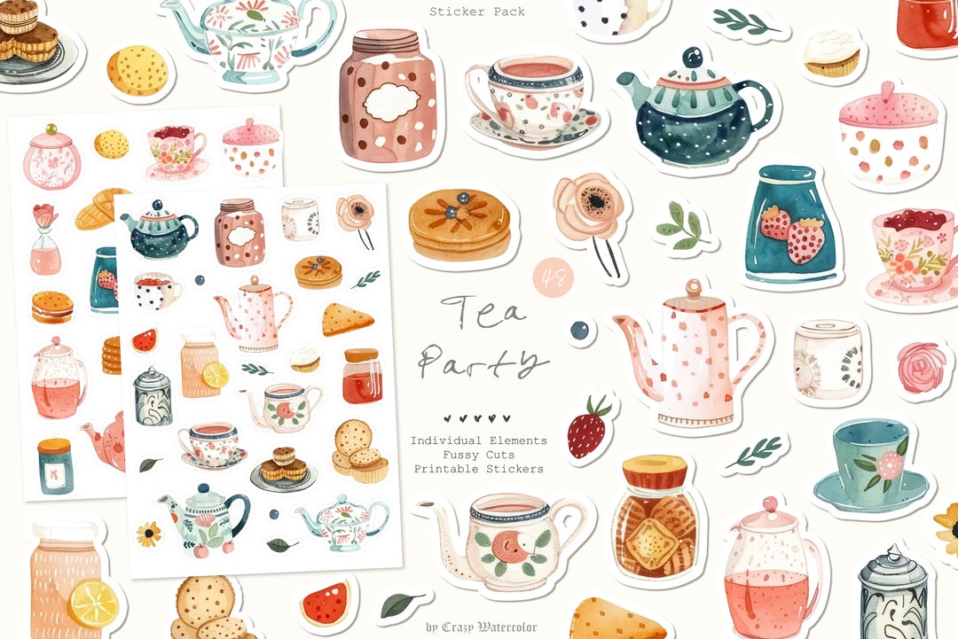 Tea Party Watercolor Stickers: Teapots, Sweets, Tableware (digital ...