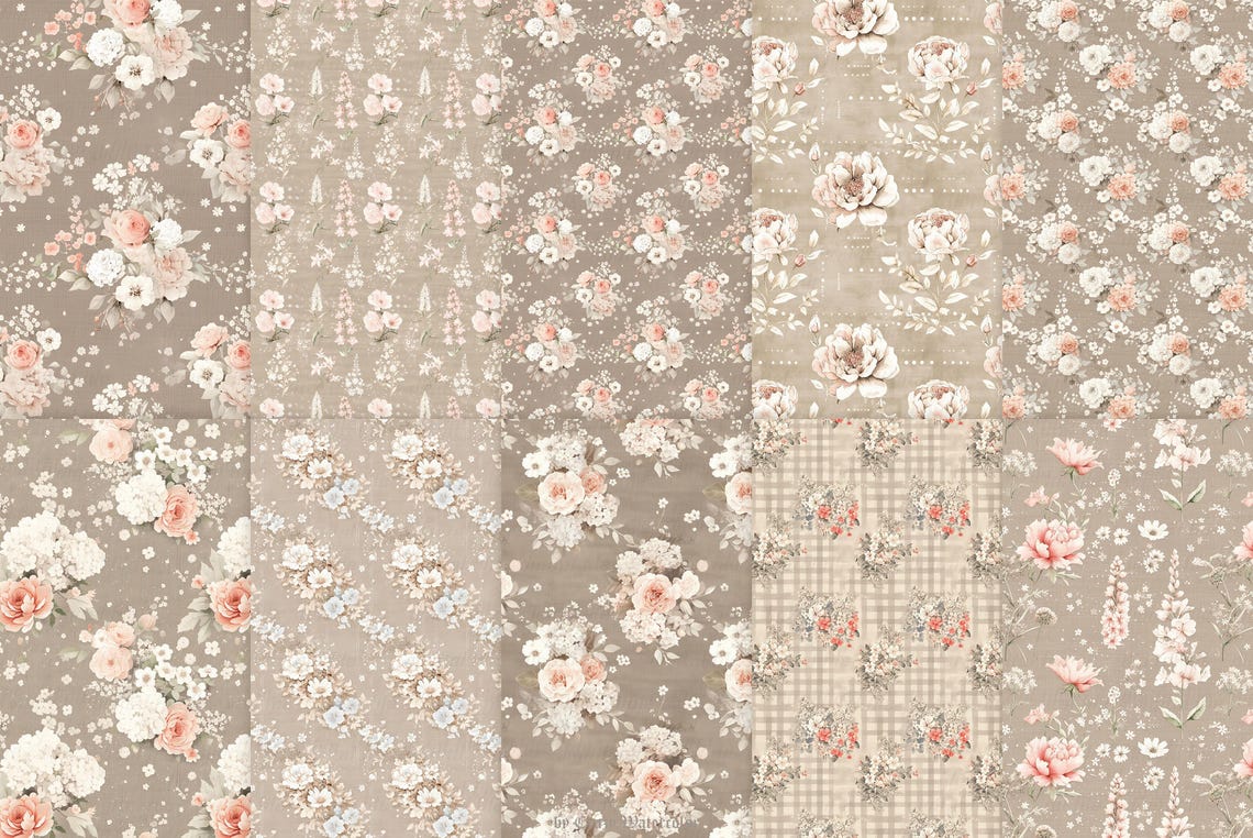 Vintage Floral Scrapbook Paper: Beige Gray Wildflower Dream (digital ...