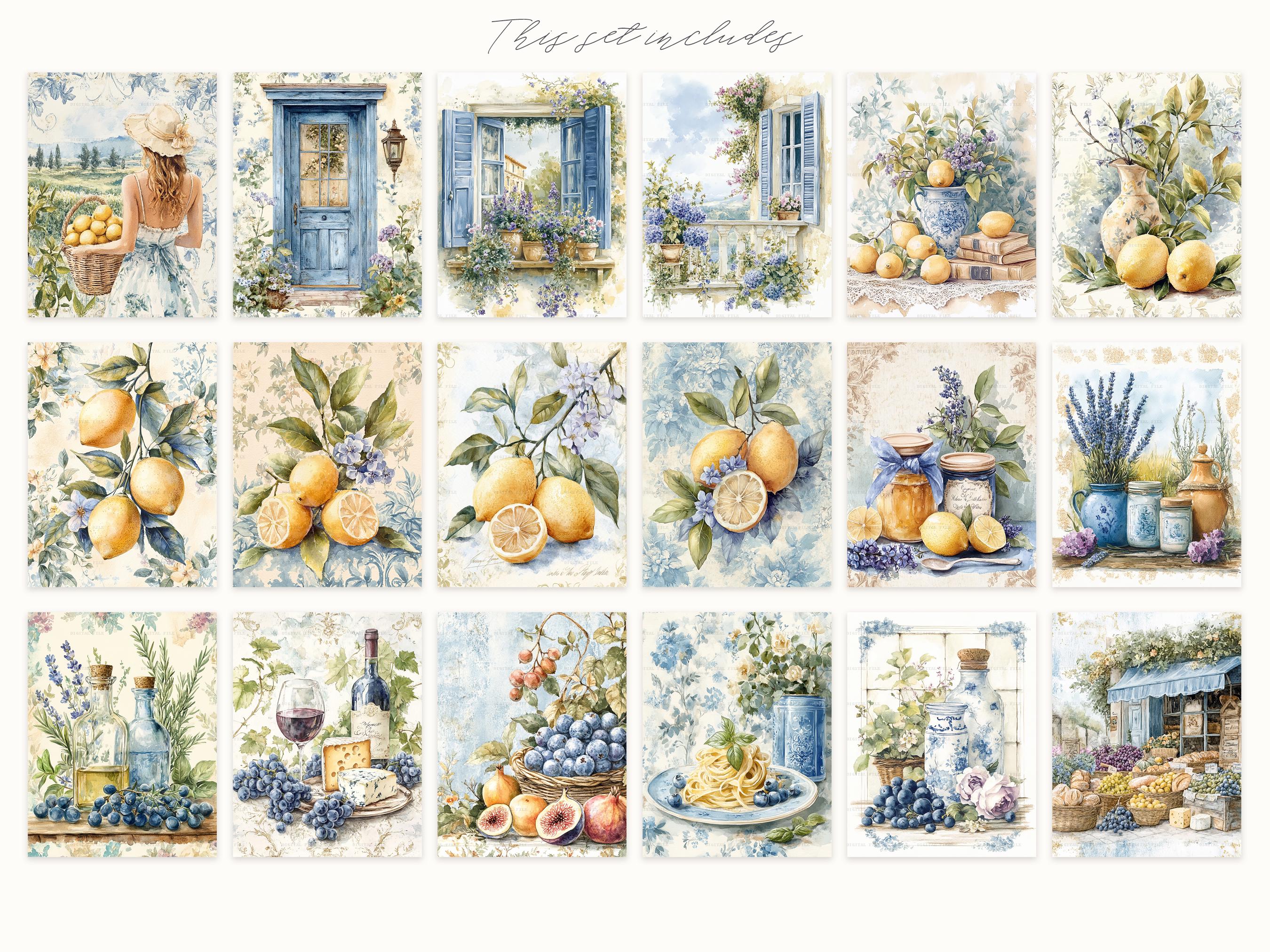 Lemon & Blue Tile Digital Paper: Mediterranean Ephemera (183 Images ...