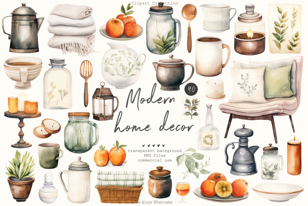 Modern Home Decor Clipart Set - Watercolor Illustration - Transparent ...