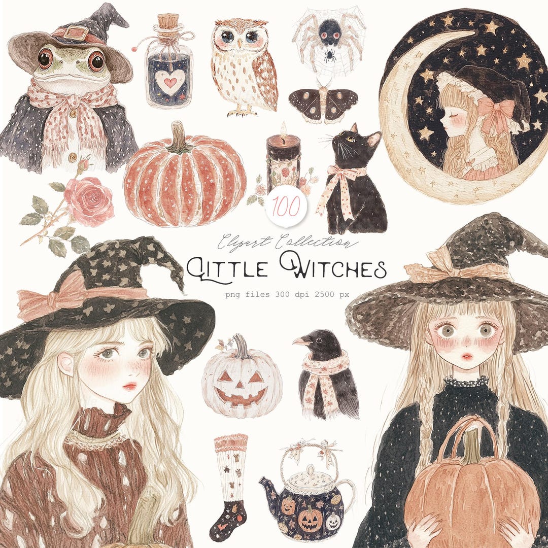 Little Witches 100 Clipart : Watercolor Halloween Clipart, Anime Style ...
