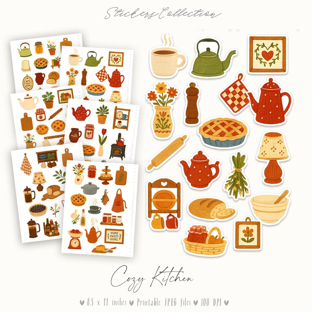 Cozy Kitchen Stickers - DIGITAL Fussy Cuts, Printable Journal Stickers ...